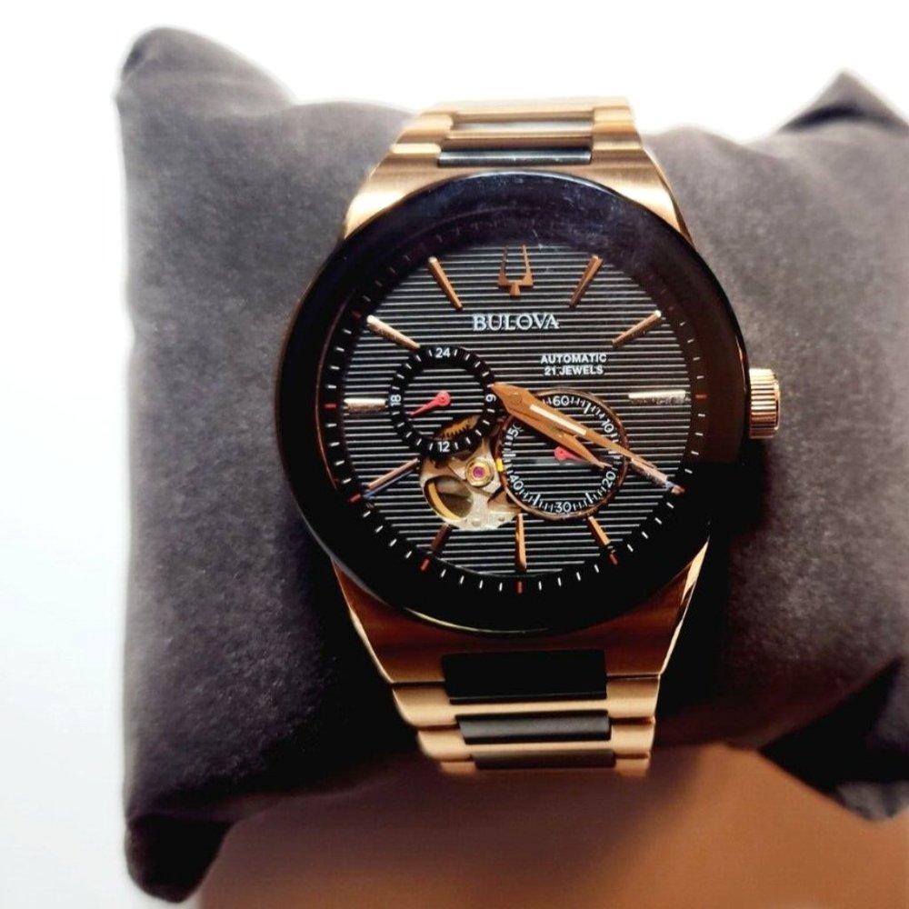 New! Bulova Black Dial Rose Gold Watch - Gem